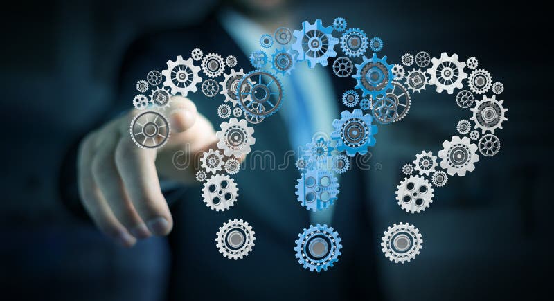 Businessman Touching Question Marks Gear 3D Rendering Stock ...