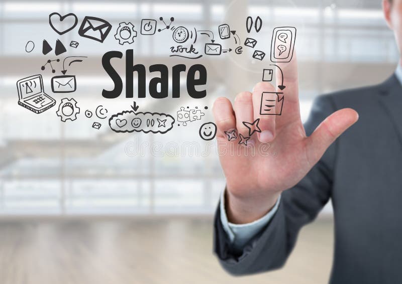 Businessman Touching Share Text with Drawings Graphics Stock ...