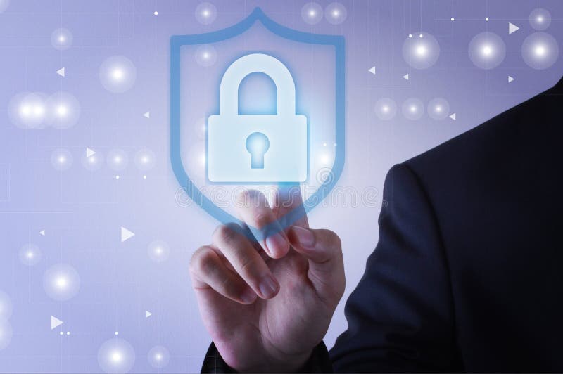 Businessman Touching Shield Protection Icon on Virtual Screen Stock ...