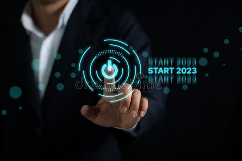 Businessman Touching Start Button in 2023, Technology Concept, Future ... Businessman Touching Start Button in 2023, Technology Concept, Future ...