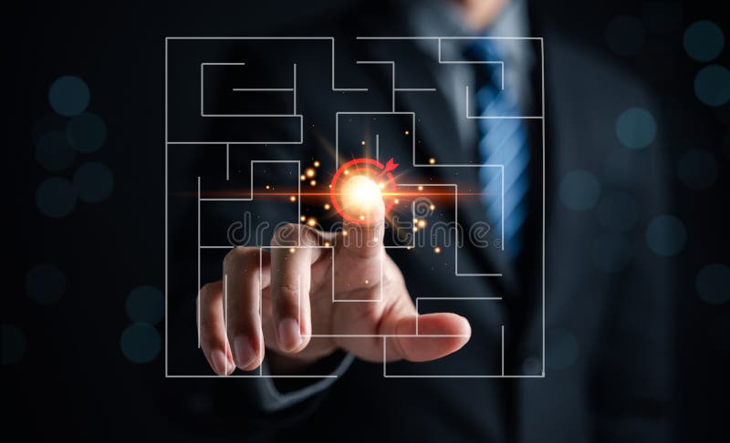 Businessman Touching Target Icon in Maze for Solution, Exit of Business ... Businessman Touching Target Icon in Maze for Solution, Exit of Business ...