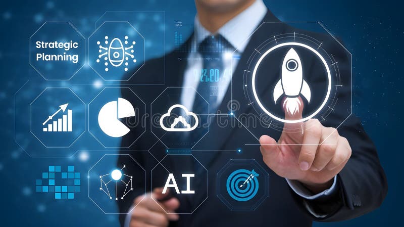 Businessman Touching a Virtual Interface with a Rocket Launch Icon ...