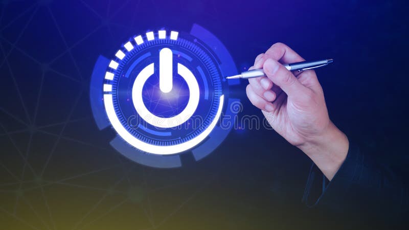Businessman Touching Visual Touch Screen Power Button with His Finger ...