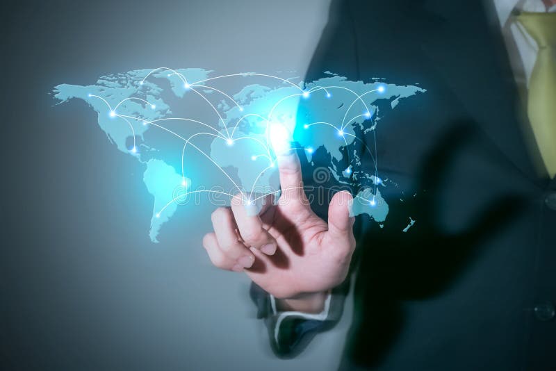 Businessman Touching World Technology. World Communication Concept ...