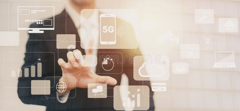 Businessman Touchscreen on the Graph Screen Icon of a Media Screen ...