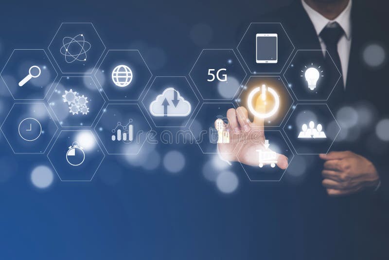 Businessman Touchscreen on the Graph Screen Icon of a Media Screen ...