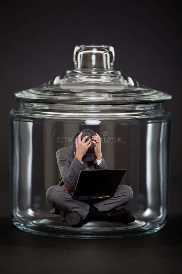 Businessman Trapped Inside a Jar Stock Photo - Image of closed, cover ...