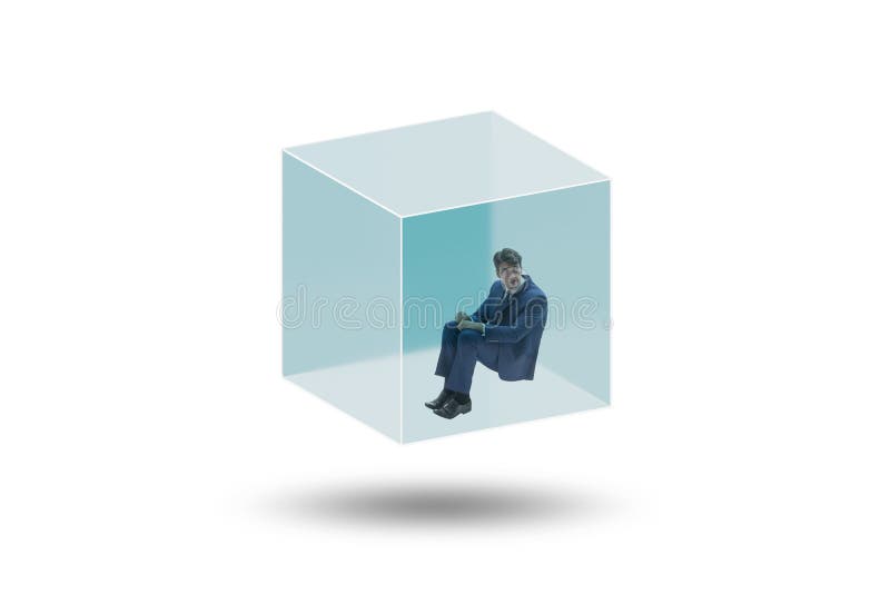 Businessman Trapped in Transparent Glass Cube Stock Photo - Image of ...