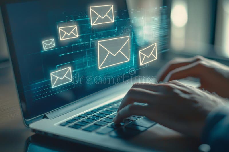 A Businessman Types His Laptop Computer To Open and Send an Email To ...