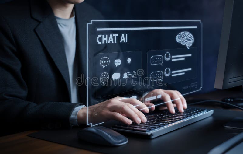 Businessman Working with Futuristic Chat AI Interface in Modern ...