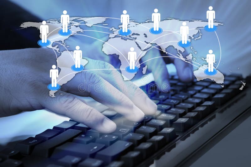 Businessman Typing on Computer Keyboard with Connected World Map Stock ...