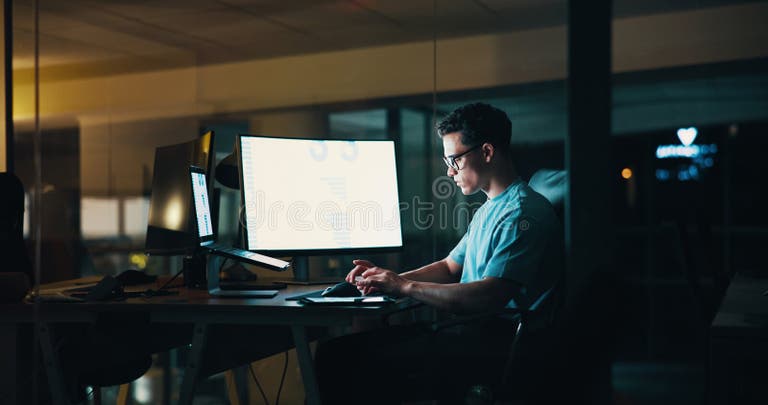 Businessman, Typing and Computer Screen with Laptop at Night for ...