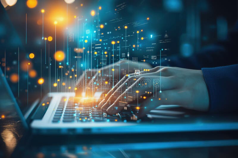 Businessman Typing on Keyboard with Abstract Network Connections Lines ...