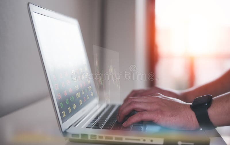 Businessman Typing on Keyboard with Virtual Document Data Chart in ...