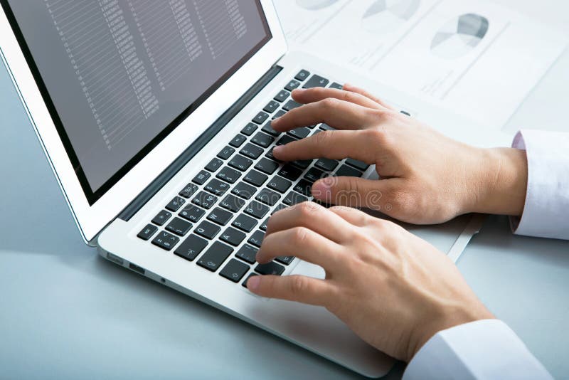 Closeup View of Businessman Working at Sunny Office on Modern Laptop ...