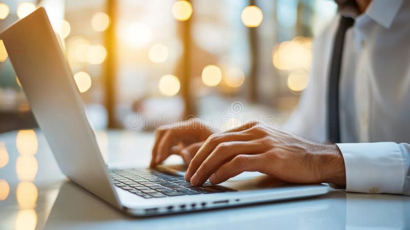 Businessman Typing on Laptop Computer in Office Setting Stock ...
