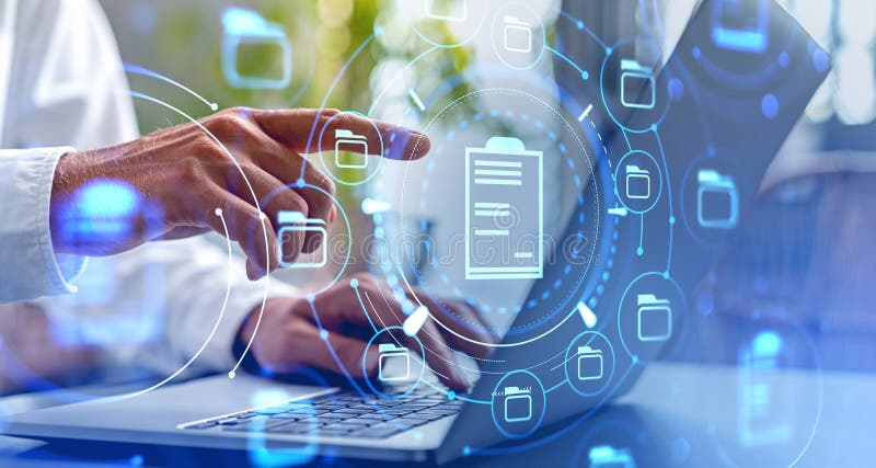 Businessman Typing in Laptop, Finger Touch Document Management System ...