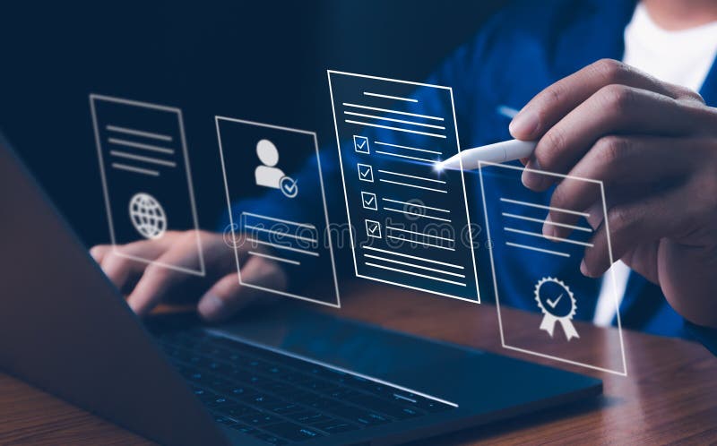Businessman Typing on Laptop with Online Document Validation Icon ...