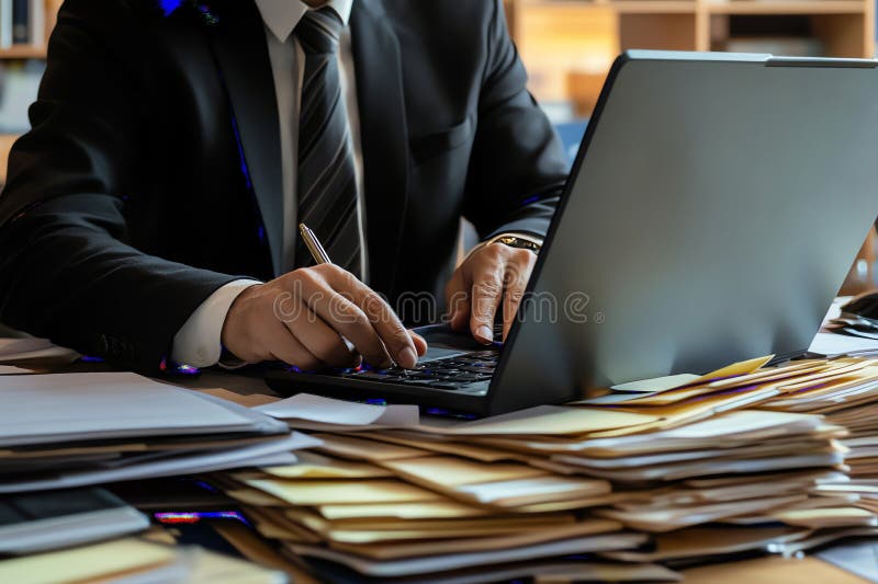 Businessman Typing on Laptop Surrounded by Documents in a Modern Office ...