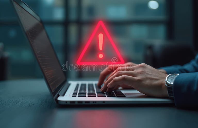 Businessman Typing on Laptop with Triangle Caution Warning Sign for ...