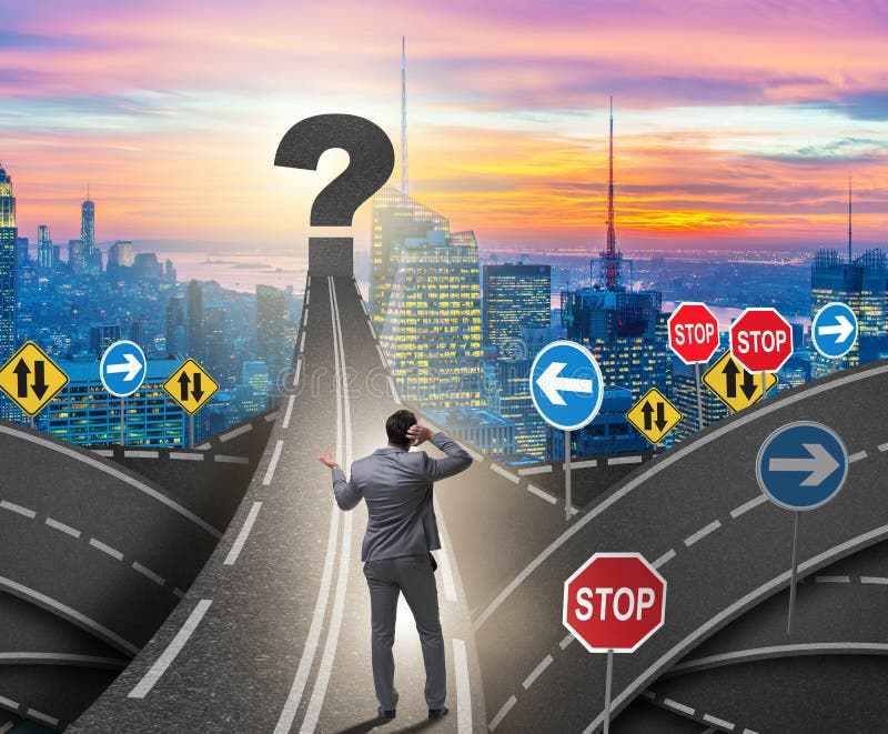 Businessman in Uncertainty Concept on Road Intersection Crossroa Stock ...