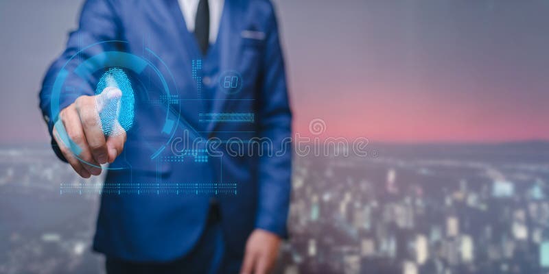 Businessman Unlocking a Security System with a Touch ID in Cyberspace ... Businessman Unlocking a Security System with a Touch ID in Cyberspace ...