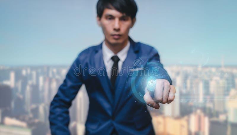 Businessman Unlocking a Security System with a Touch ID in Cyberspace ... Businessman Unlocking a Security System with a Touch ID in Cyberspace ...