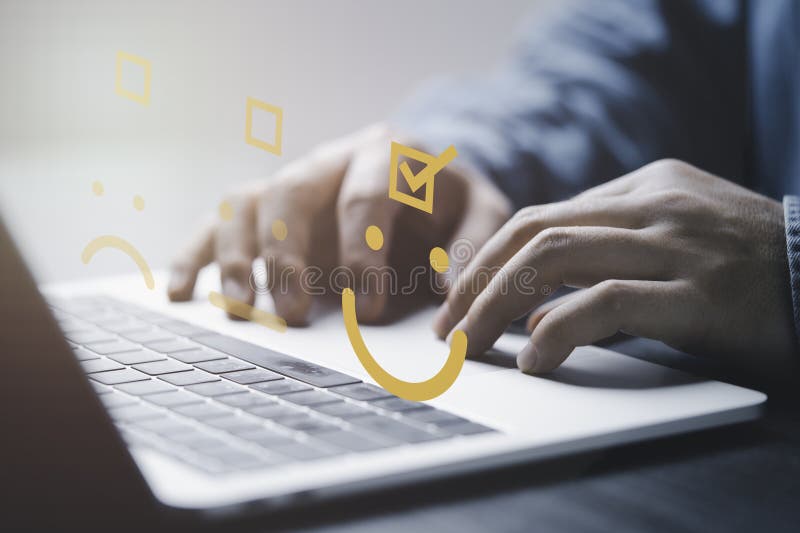 Businessman Use Computer Laptop To Tick Mark Which Select Smiley Face ...
