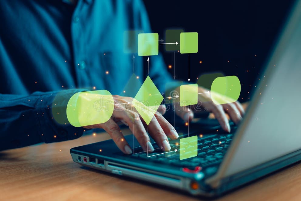 Businessman Use Computer Process Workflows and Flowcharts Background ...