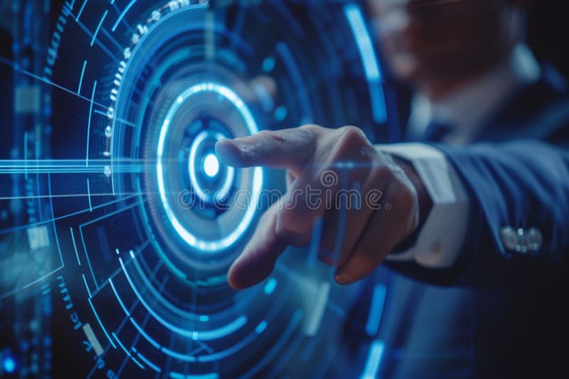 Businessman Use Forefinger Touching Security Button on Glow Hud ...