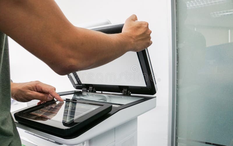 Businessman Use Hand Place Paper Sheet on Printer Plate for Setting ...