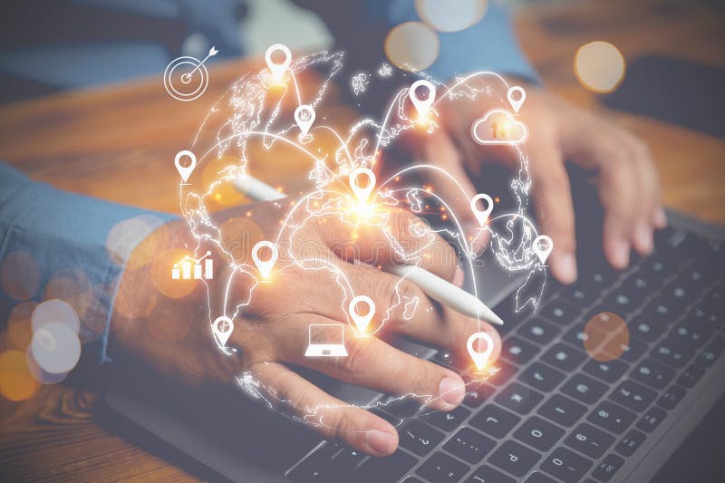 Businessman Use Laptop with Global Internet Connection on Virtual ...