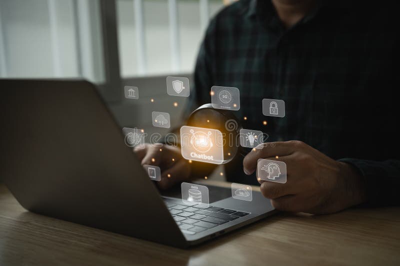 Businessman Use Magnifying Glass Laptop with Touch Digital Chatbot ...