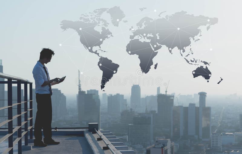 Businessman Use Smartphone on Rooftop of Building with Technology ...