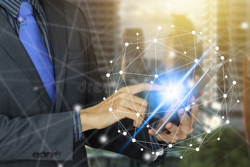 Businessman Use Tablet with Virtual Screen Over the Network Connection ...