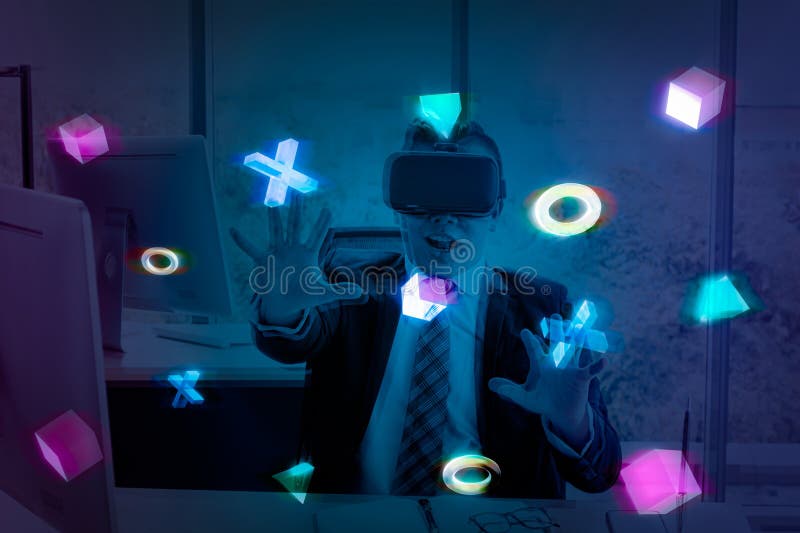 Businessman Use a VR Glasses with 3d Effect of Future Virtual ...