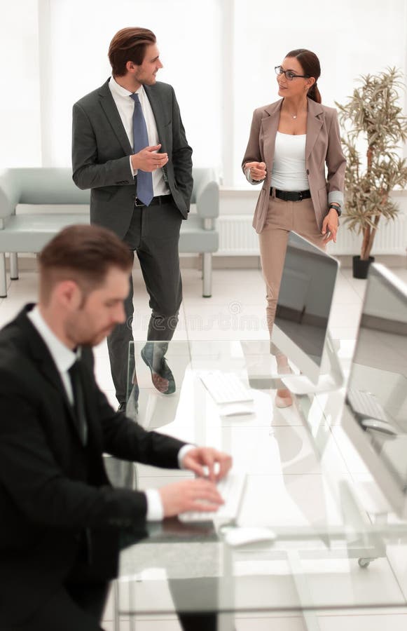 Businessman Uses a Computer with the Bank Lobby Stock Image - Image of ...