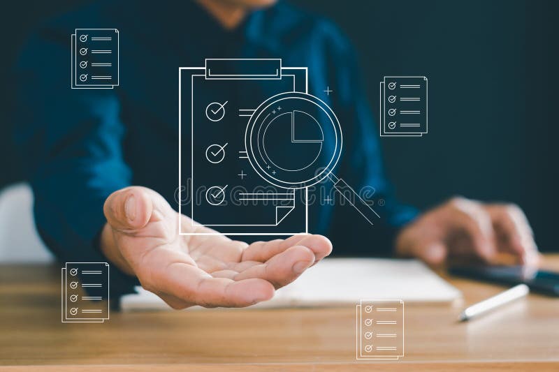 Businessman Uses Computer To Complete Online Checklist Survey Stock ...