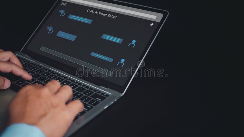 Businessman Uses Computer To Type Chat Ask and Answer with the ...