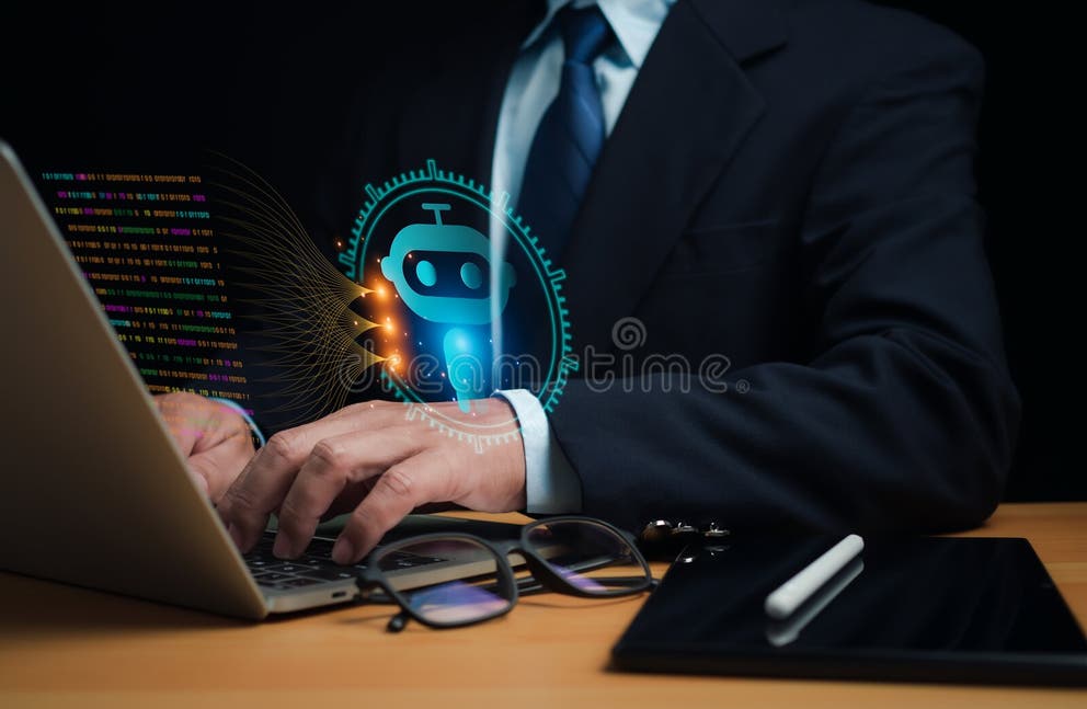 Businessman Uses Computer To Type Chat Ask and Answer with the ...