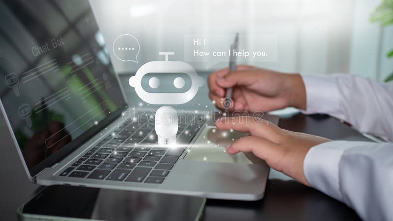 Businessman Uses Computer To Type Chat Question and Answer with ...