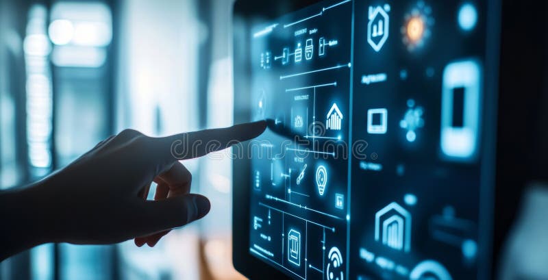 A Businessman Uses a Digital Panel To Control a Smart Home System Stock ...