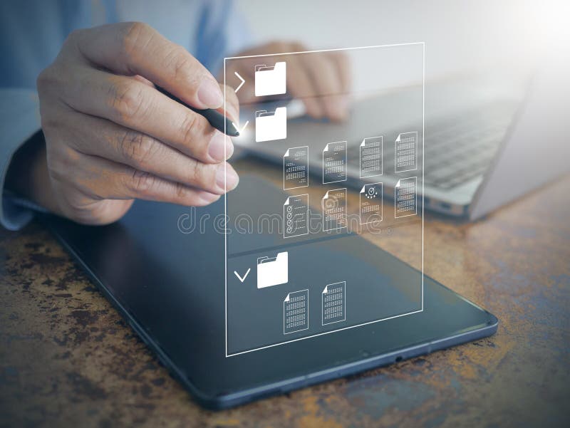 A Businessman Uses Document Management System (DMS) on Laptop: Office ...