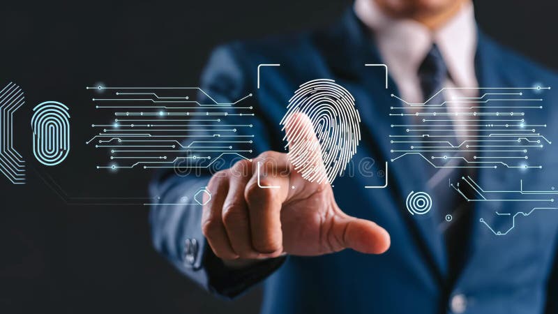 A Businessman Uses a Fingerprint Button, Symbolizing Digital Security ...