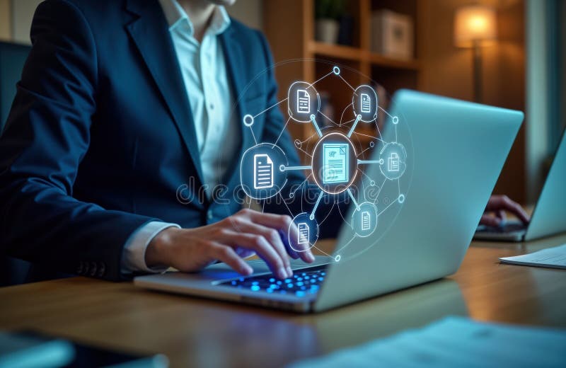 Businessman Uses Laptop for Digital Document Management System. Works ...