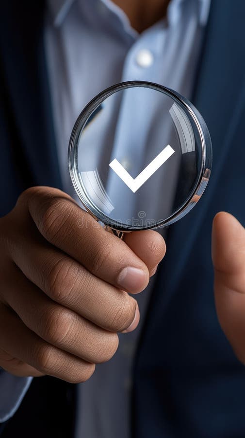 A Businessman Uses a Magnifying Glass To Highlight a Check Mark on a ...