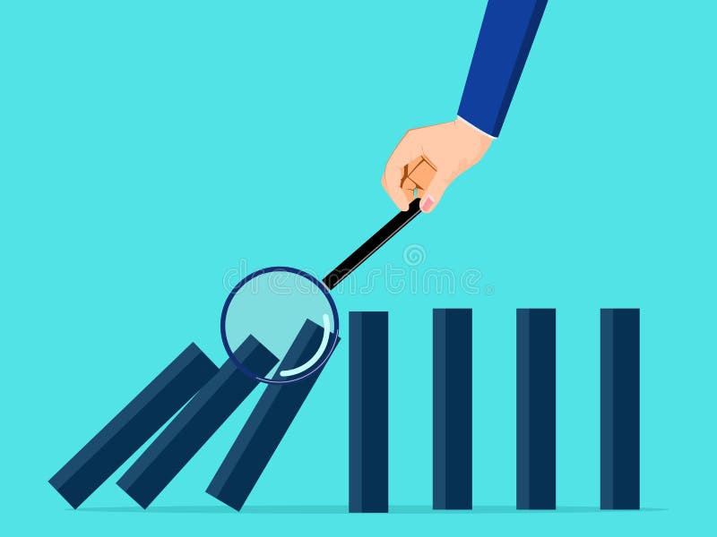 A Businessman Uses a Magnifying Glass To Watch the Domino Fall. Risk ... A Businessman Uses a Magnifying Glass To Watch the Domino Fall. Risk ...