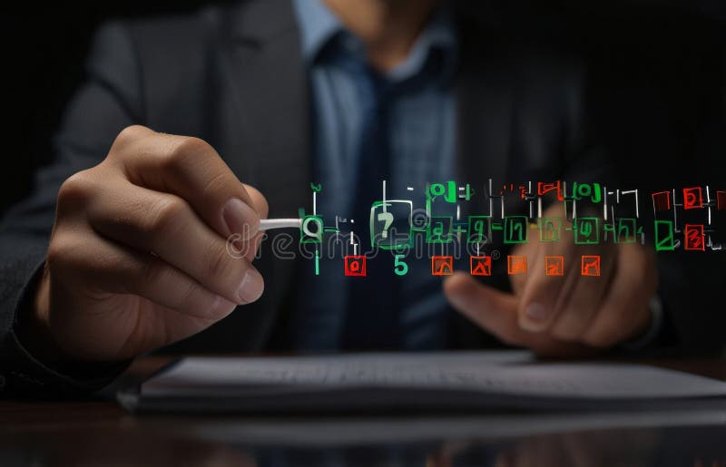 Businessman Uses a Pen and His Finger To Interact with a Data Flowchart ... Businessman Uses a Pen and His Finger To Interact with a Data Flowchart ...