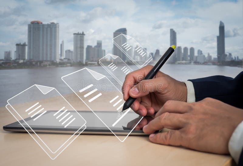 A Businessman Uses a Pen To Sign an E-document on a Virtual Notepad on ...