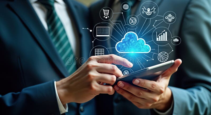 Businessman Uses Smartphone Showing Virtual Cloud Computing Tech Transformation. Mobile Phone ...